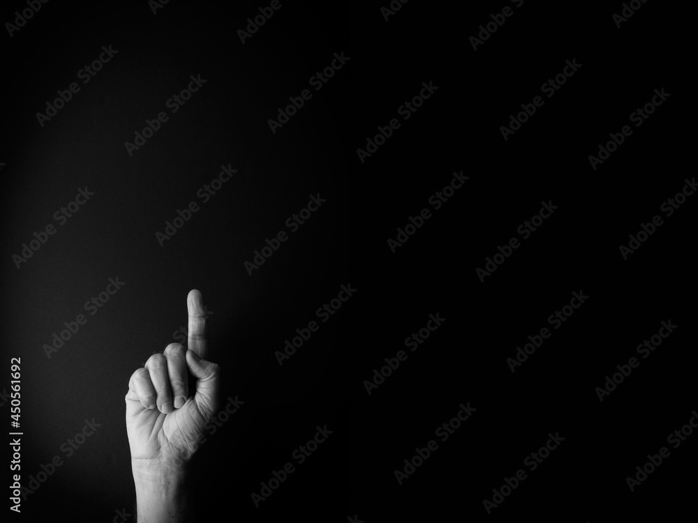 Black and white image of hand demonstrating sign language number one ...