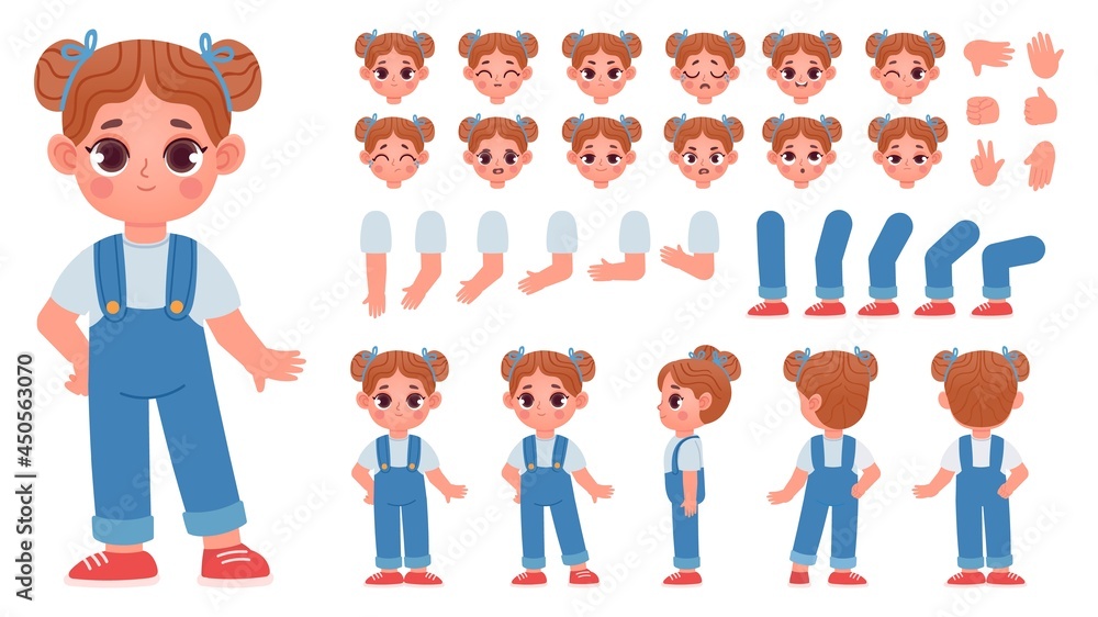 Cartoon little girl character constructor with gestures and emotions ...