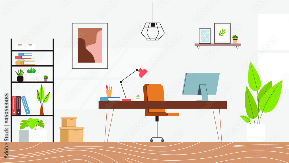 Office cartoonish interior. Cozy workplace in flat style vector ...