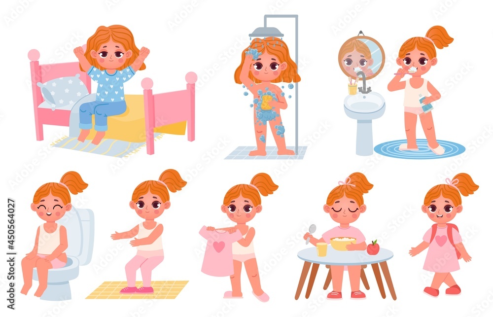 Stockvector Cartoon little kid girl home daily routine. Cute child ...
