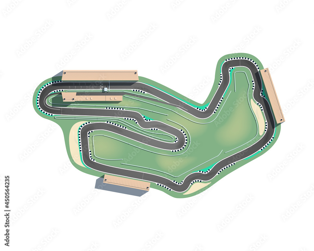 The top-down racing circuit is isolated on a white background. The ...