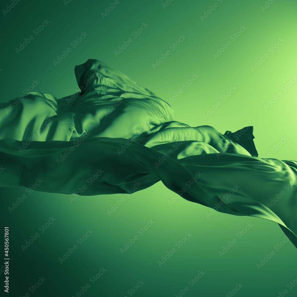 3d render. Abstract fashion background with green drapery falling. Silk ...