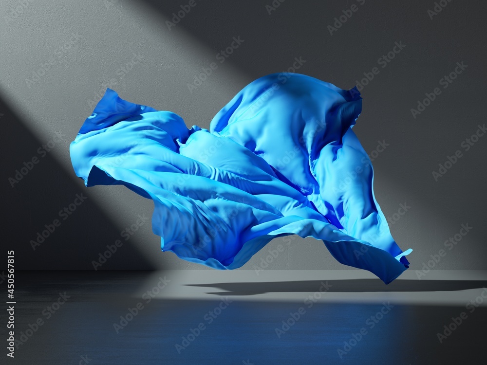 3d render. Abstract fashion background with blue fabric cloth falling ...