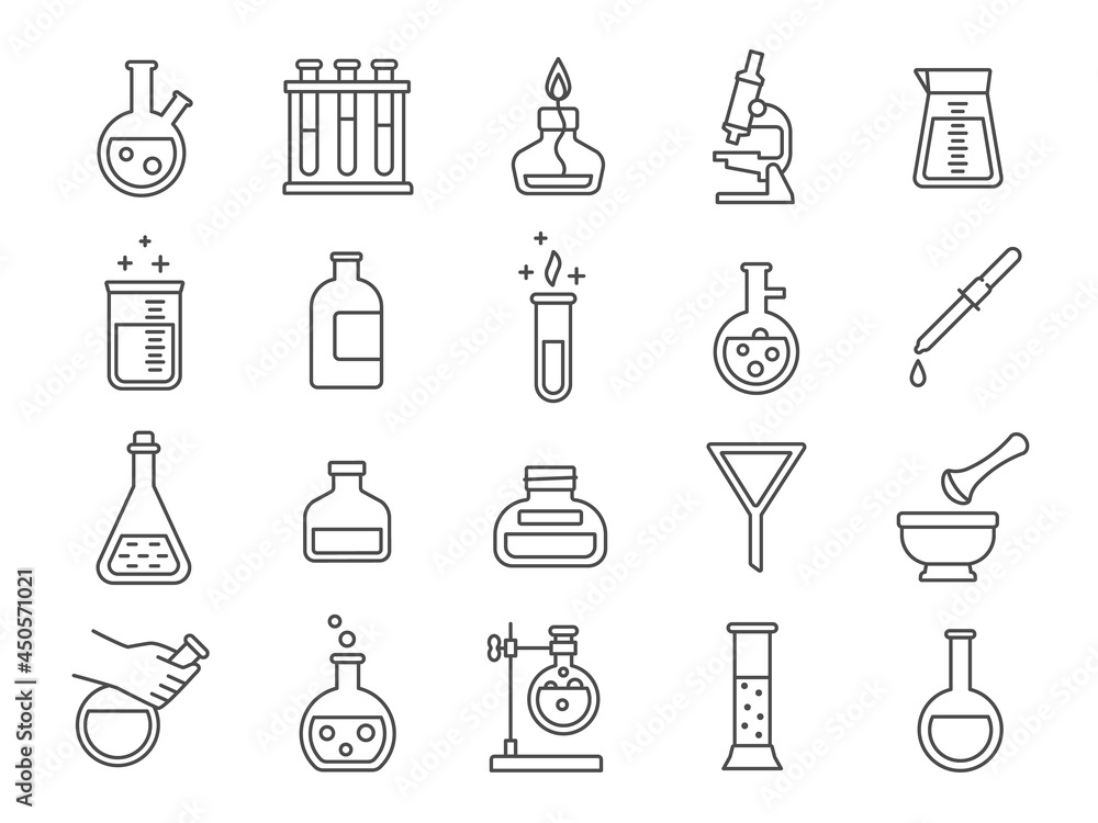 Chemistry or science research laboratory equipment line icons. Pharmacy ...