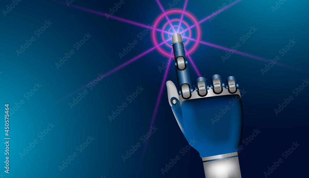 Mechanical arm or hand presses the index finger on the button a virtual ...