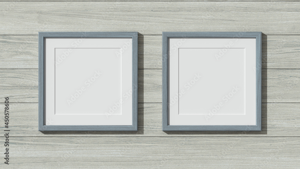 Two wooden frames on wood textured wall. 3D render wooden painted frame mock up. Empty interior ...