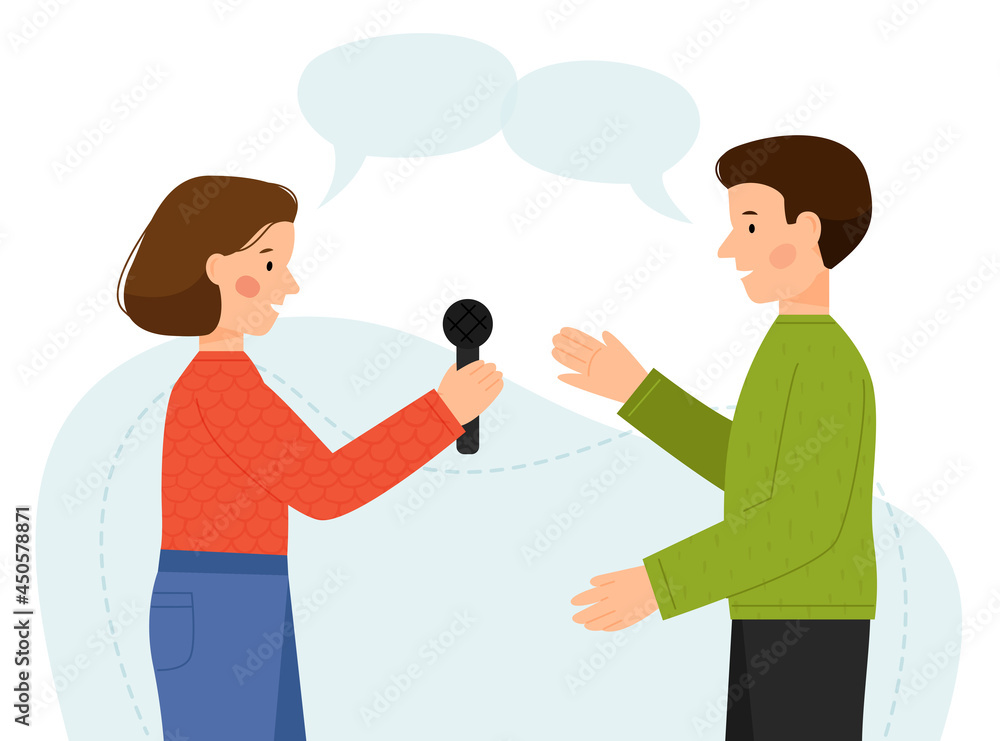 Vector scene of man and woman interview. A guy and a girl talking. Man ...