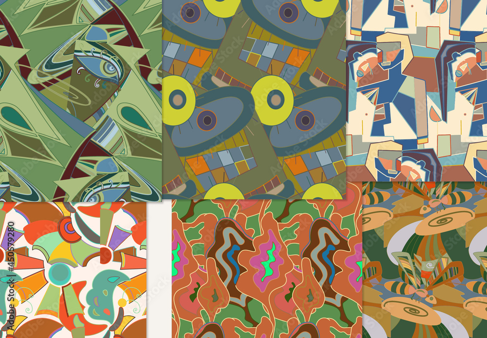 Set of Abstract Seamless Patterns with Cubism Art Elements and Graffiti ...