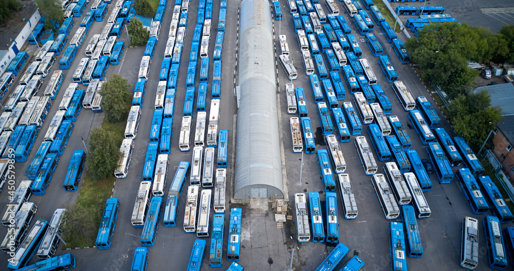 Aerial view of the old trolley buses in a bus fleet Stock Photo | Adobe ...