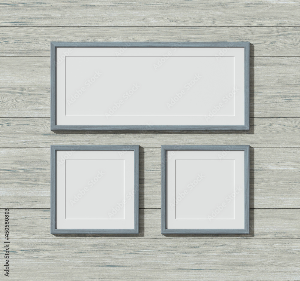 Three wooden frames on wood textured wall. Triptych. 3D render wooden painted frame mock up ...