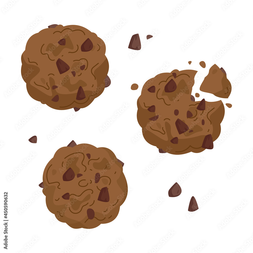 Set of freehand drawings of chocolate oatmeal cookies. Bitten cookies ...
