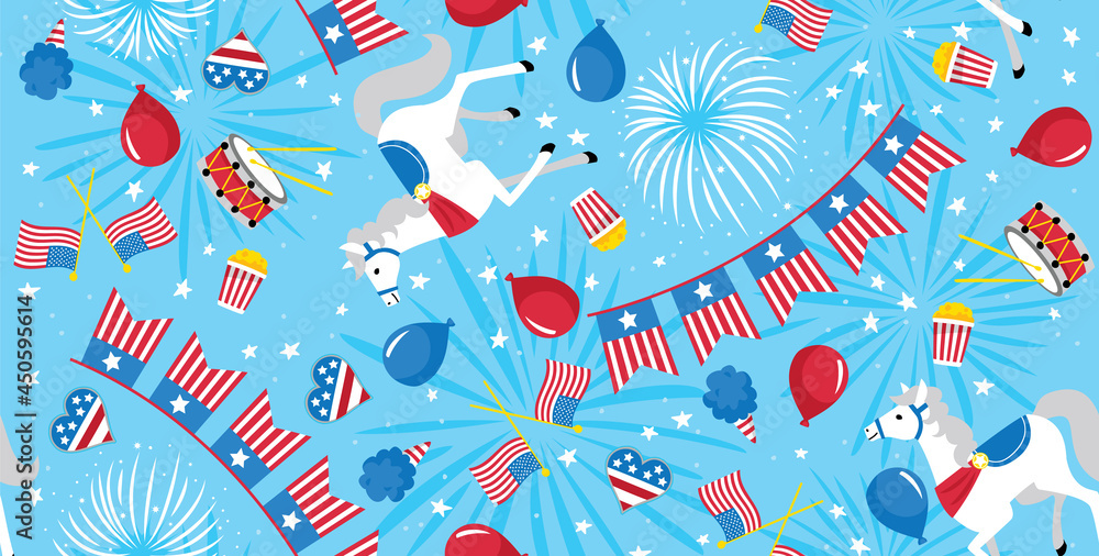 It's a pattern party in the USA with fireworks, flags, balloons, and ...
