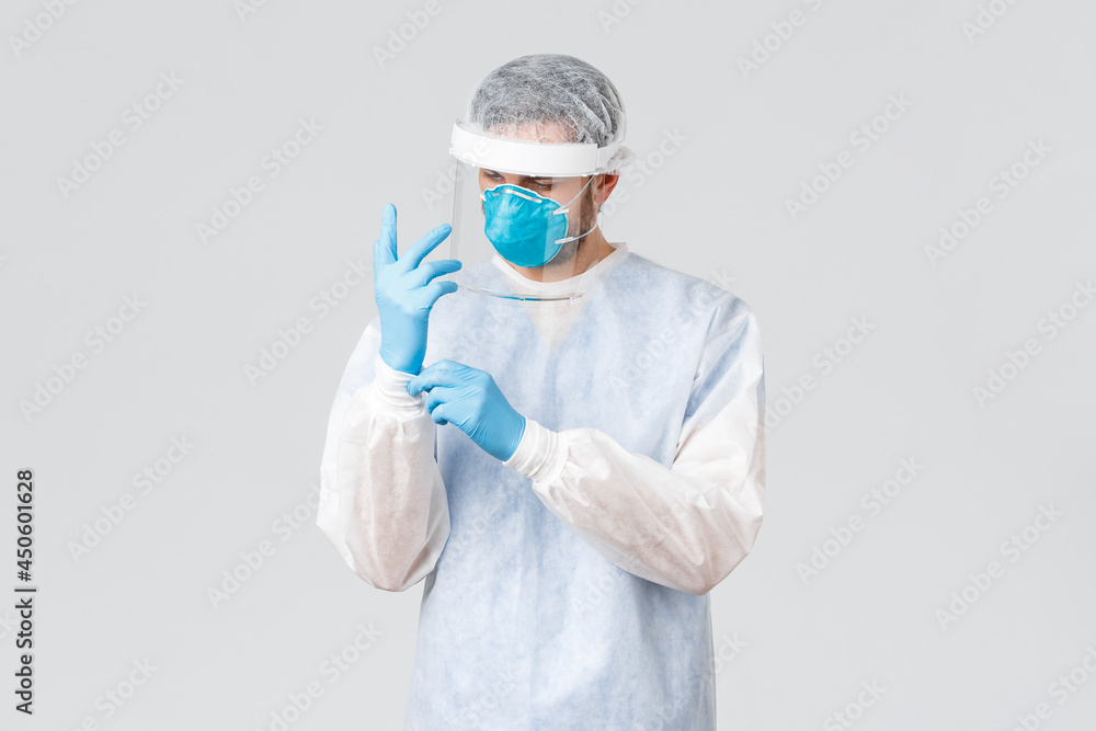 Covid-19, pandemic, healthcare workers fighting virus outbreak. Serious ...