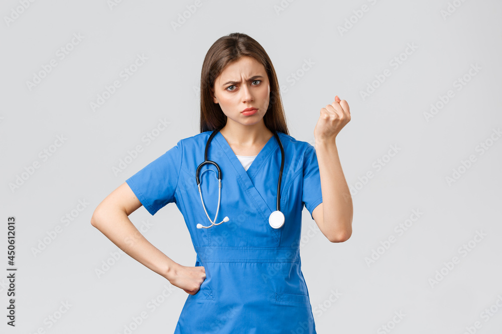 Medical workers, healthcare, covid-19 and vaccination concept. Angry ...