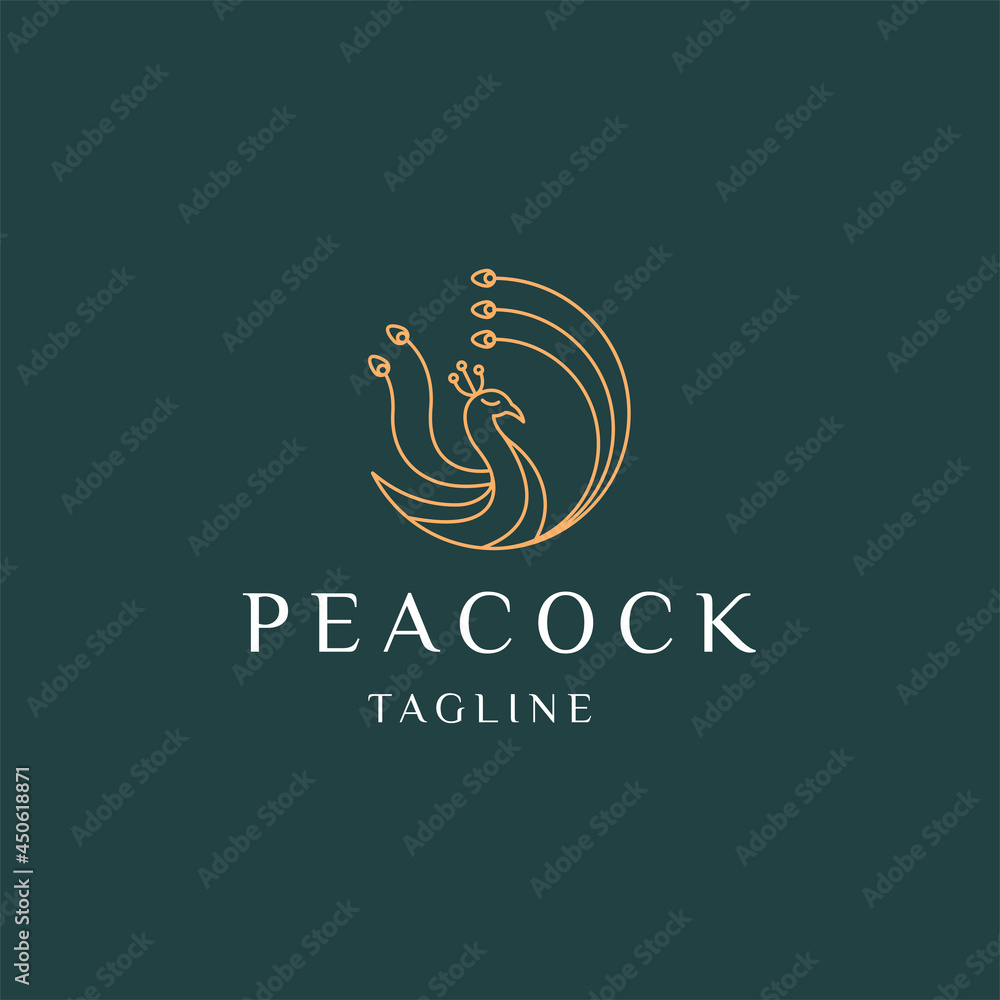 Peacock line art elegant gold color logo icon design template flat ...
