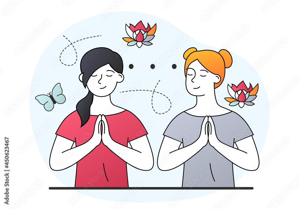 Two female characters on spiritual therapy for body and mind with ...