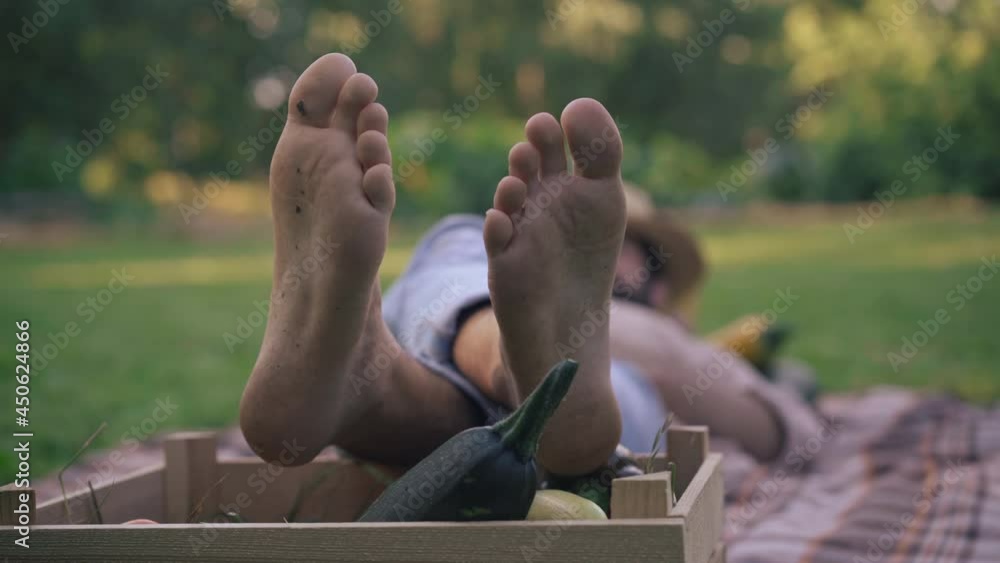 Close-up barefoot feet of male farmer lying on blanket on sunny summer ...