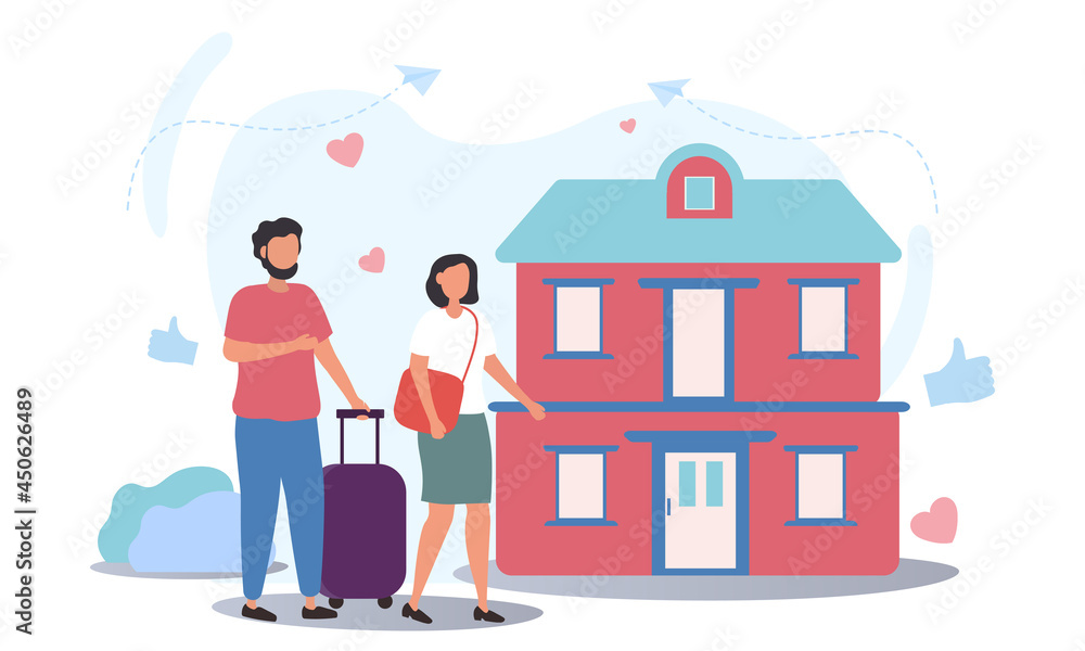 Couple with luggage is walking hand in hand to their house. Young ...