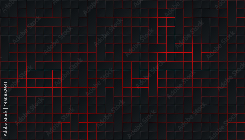 Dark black square pattern on glowing red neon abstract background in technology style. Modern ...