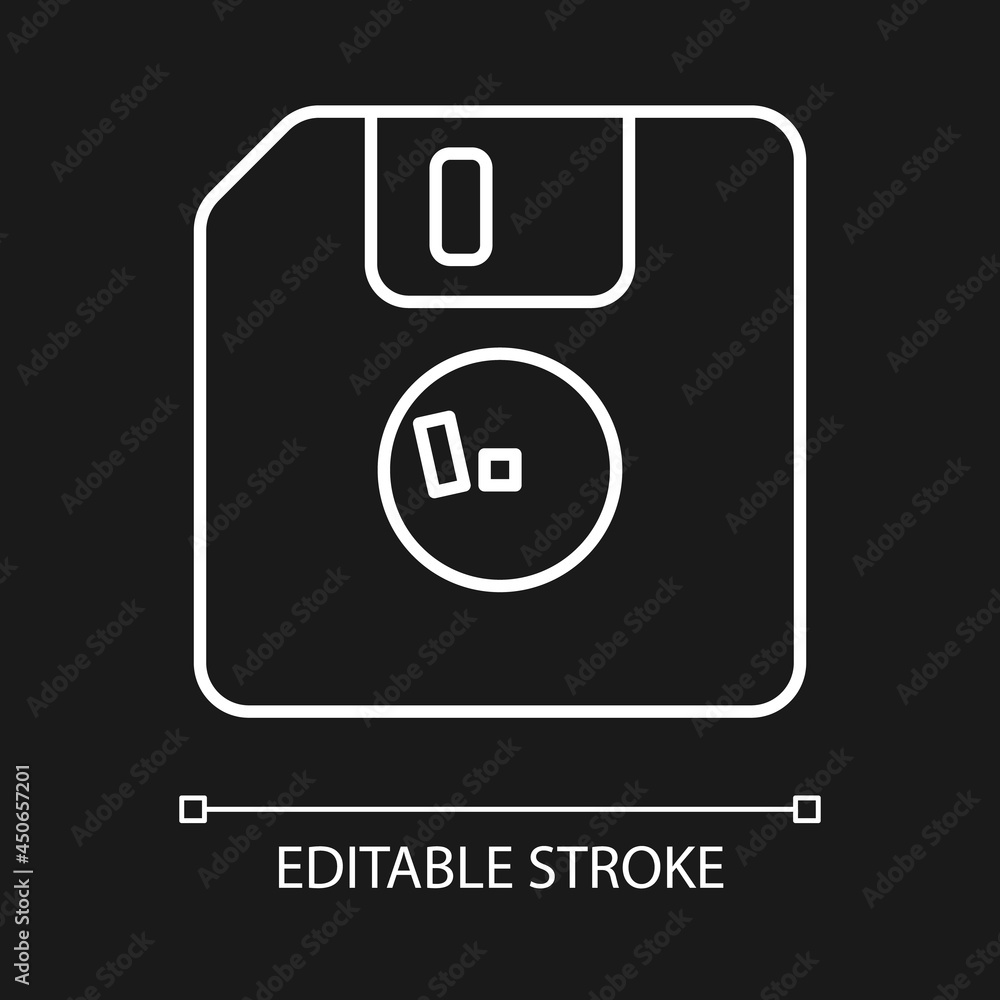 Diskette white linear icon for dark theme. Removable magnetic storage ...