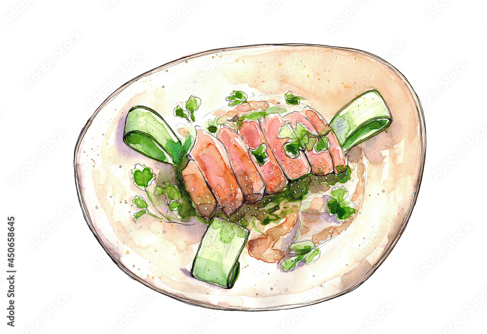 Watercolor hand drawn sketch illustration of warm salad with tuna ...
