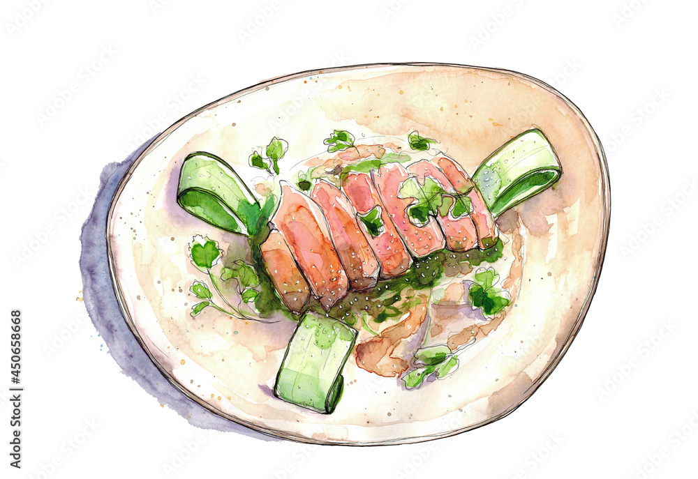 Watercolor hand drawn sketch illustration of warm salad with tuna with ...