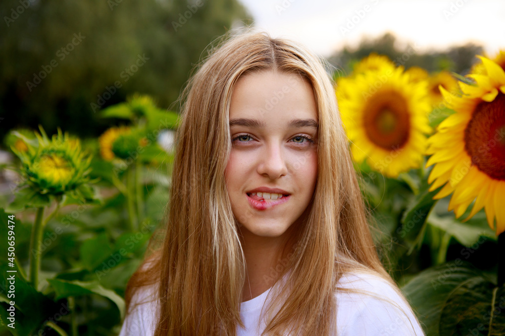 12 year old girl on a field of sunflowers Stock Photo | Adobe Stock