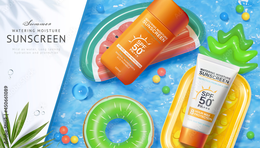 3d creative sunbathing sunscreen ad เวกเตอร์สต็อก | Adobe Stock