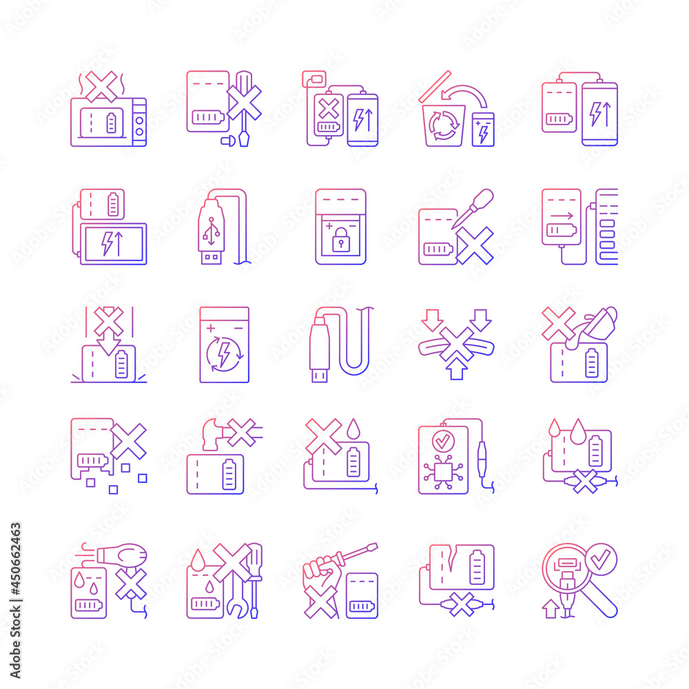 Power bank usage gradient linear vector manual label icons set ...