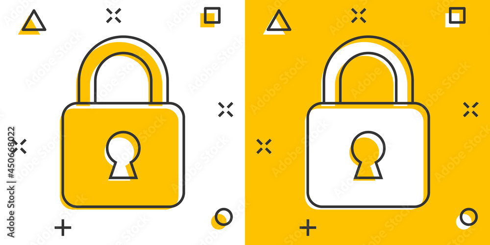 Vector cartoon lock icon in comic style. Padlock locker sign ...