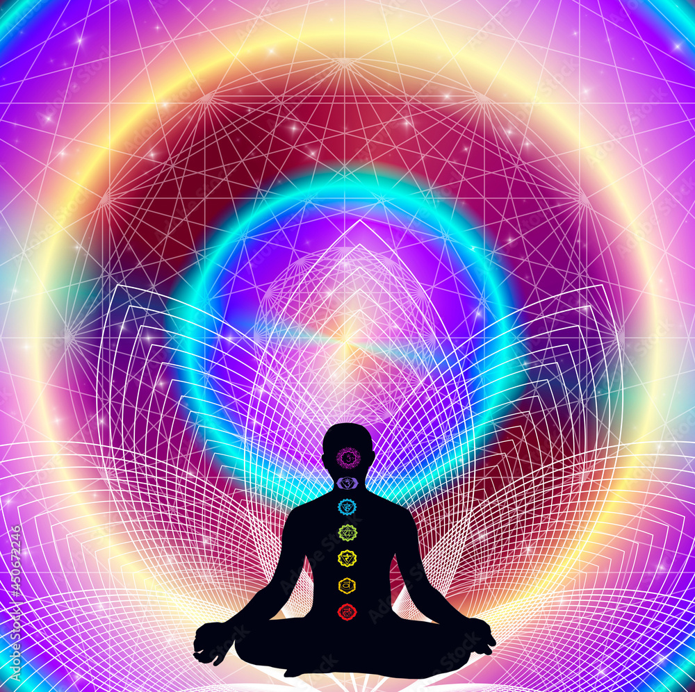 spiritual esoteric background with silhouette of a man in yoga ...