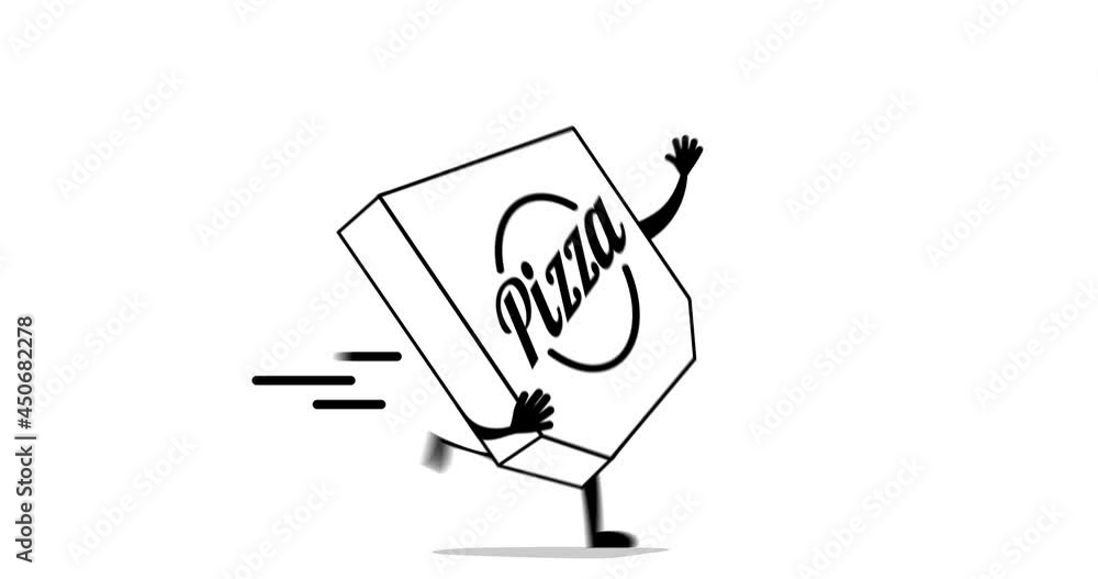 A 4K illustration of a pizza box with arms and legs running, black ...
