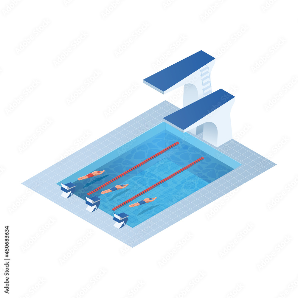 Swimming pool with swimmers competing. Vector isometric illustration on ...