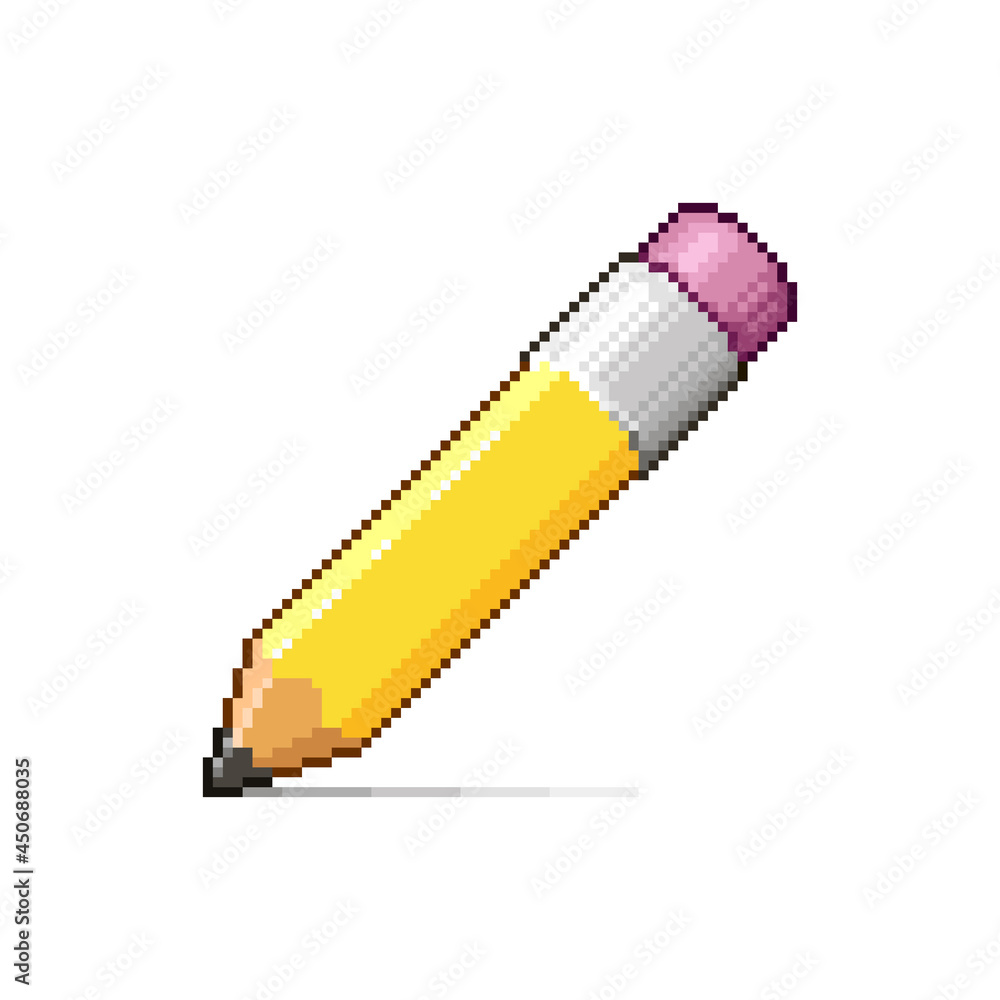 colorful simple flat pixel art illustration of cartoon yellow pencil with pink eraser on its ...