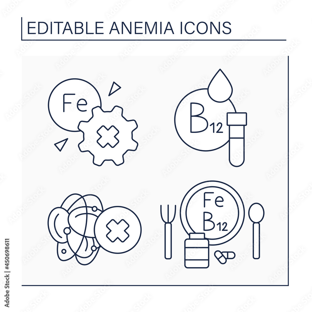 Anemia line icons set. Inability to absorb iron. Vitamin B-12 testing ...