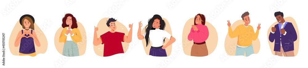 Set of happy people showing various positive emotions and gestures ...