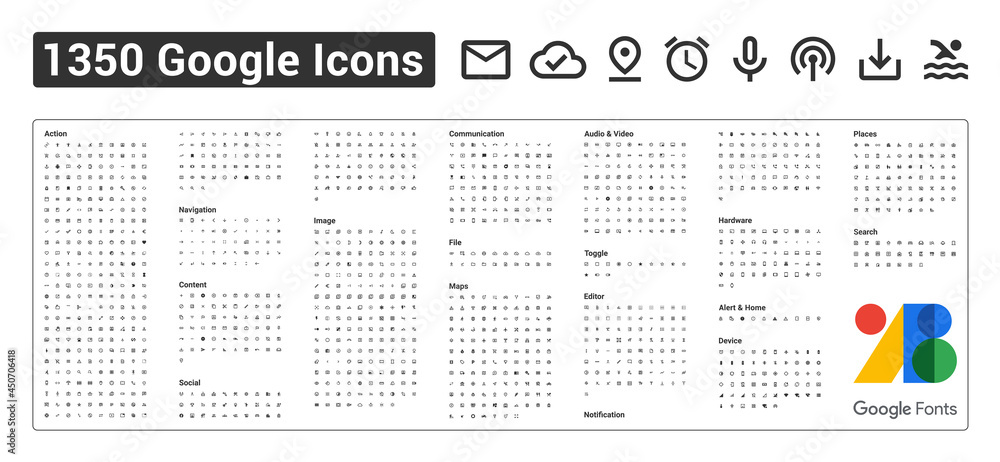 Google materials icons collection vector set. Black outlined symbols : Action, Social, Image ...