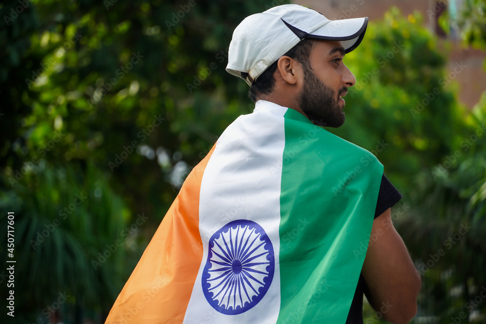 indian man Wrapp up indian flag , man showing love to indian flag Stock ...