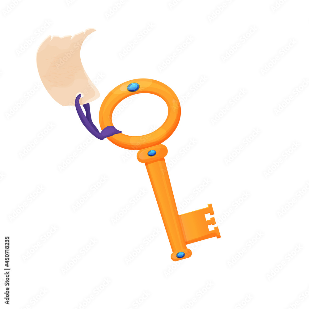 Golden key with gem stones and ribbon, ancient castle tool in cartoon ...