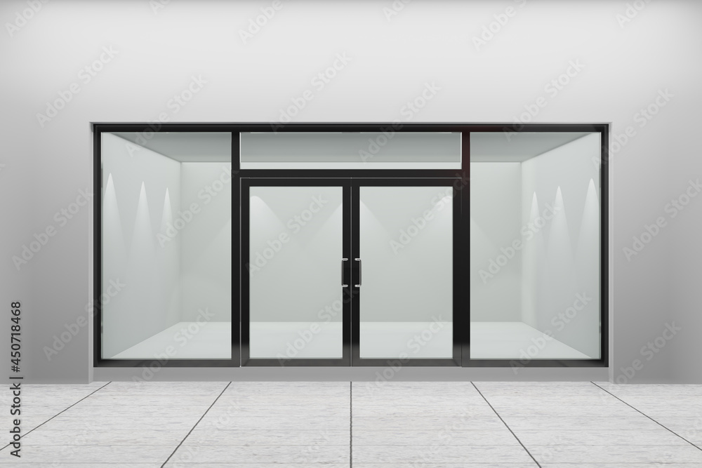Front view of an empty storefront of shop. Design with black aluminuin ...
