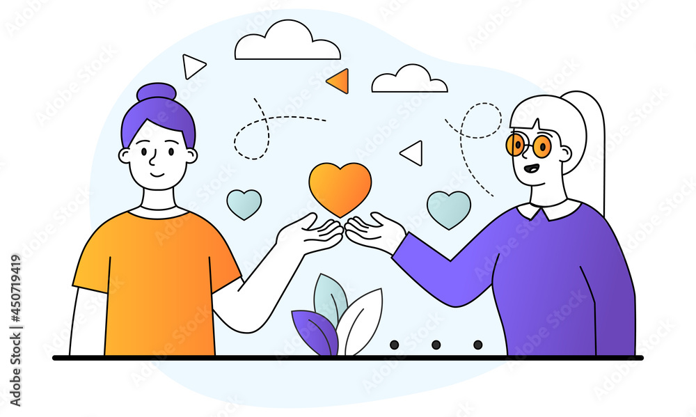 Sincere grateful smiling female characters are saying thank you. Two ...