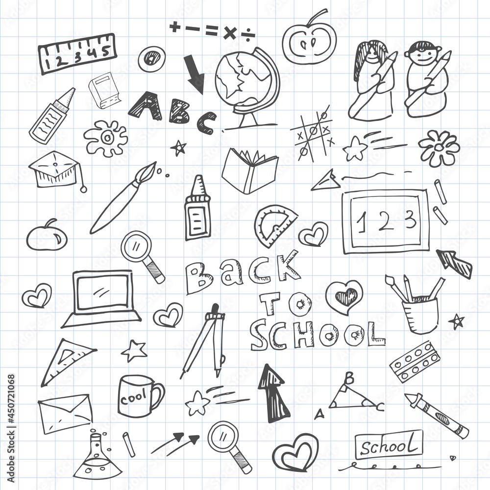 Hand drawn doodles with school elements, back to school for the start ...