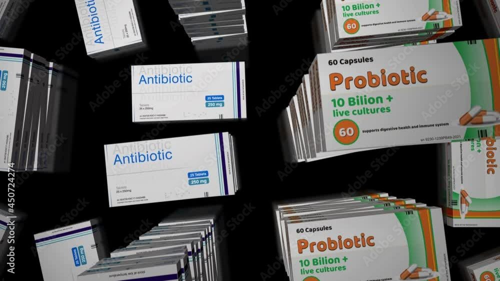 Antibiotic and probiotic therapy in packs. Pharmacy medicine boxes ...