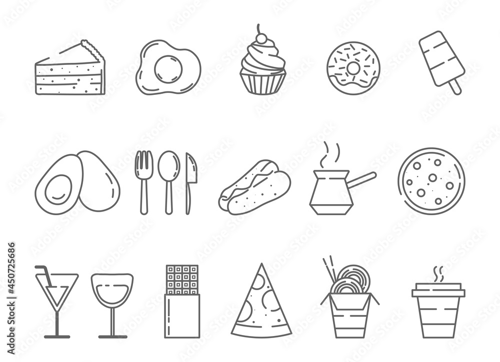 Cute set of food line icons on white background. Salad, pizza piece ...