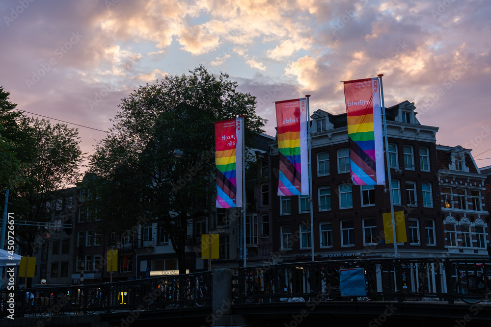 Pride Flags in Amsterdam at Sunset Stock Photo | Adobe Stock