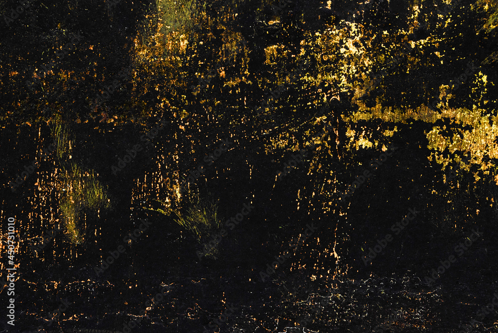 Black painted metal texture with smudges, scratches and gold sparkles ...