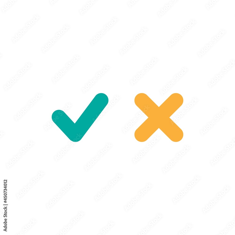 Set of check mark icons. rounded blue tick and cross. Flat cartoon ...