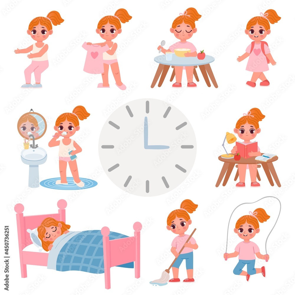 Cute little school girl day routine schedule. Cartoon kid activity ...