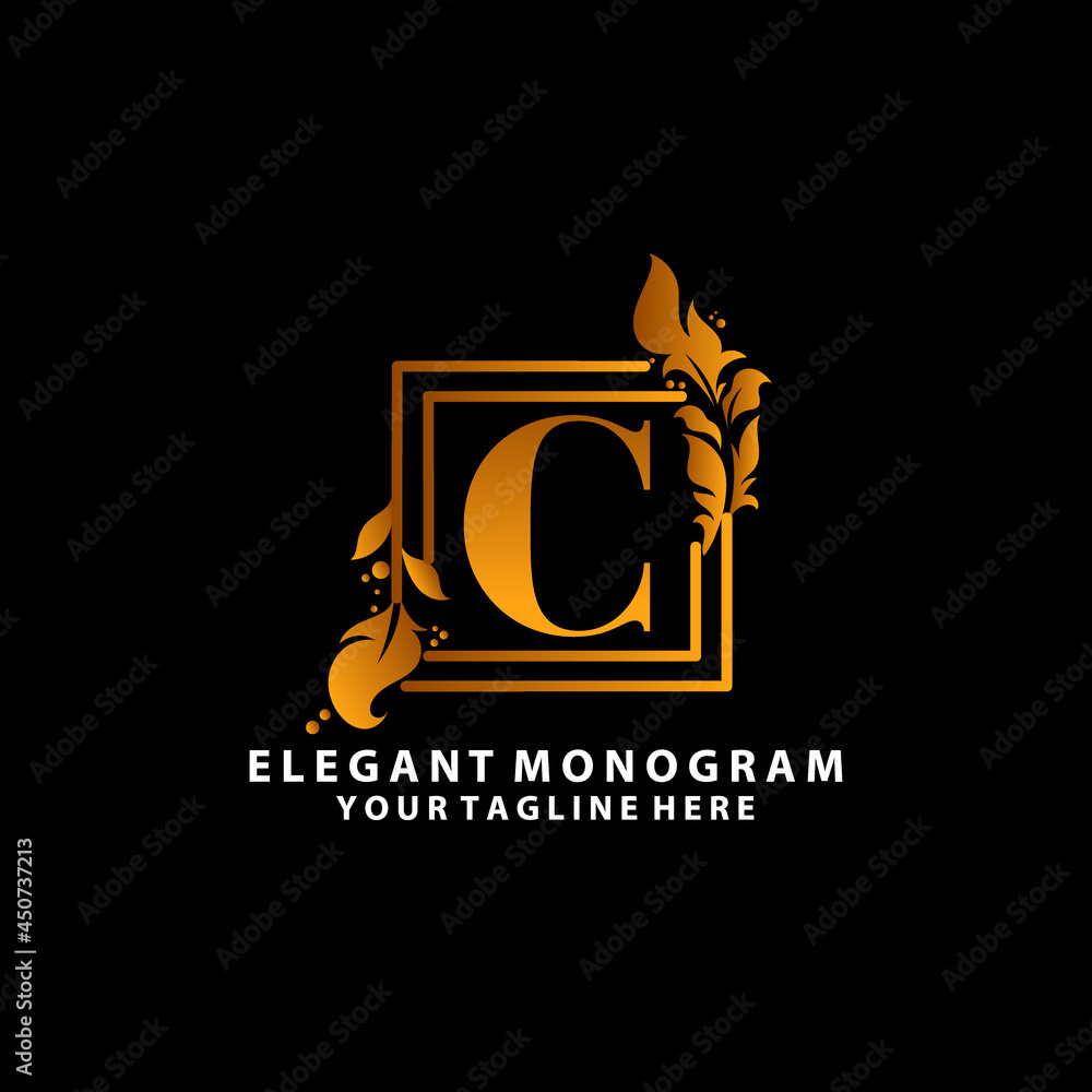 Elegant C Luxury Logo. Golden Floral Alphabet Logo with Flowers Leaves ...