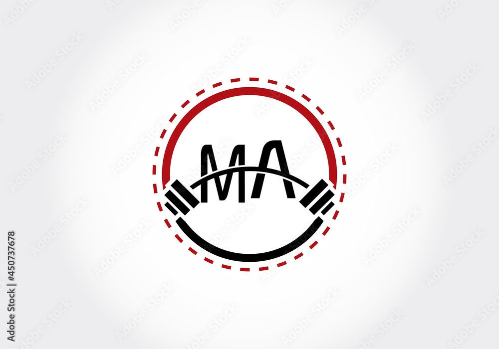 Initial MA Letter alphabet with a barbell. Lifting vector logo design ...